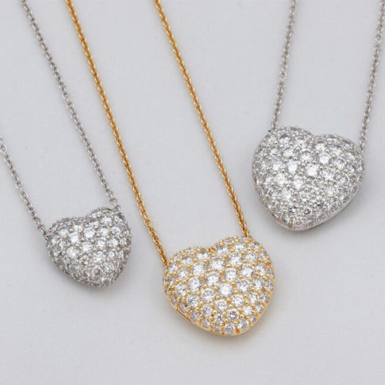 Pavé Diamond Puffed Heart Necklaces